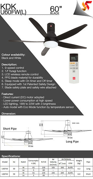 KDK U60FW 60" DC Ceiling Fan with light – Sense N Bedeck